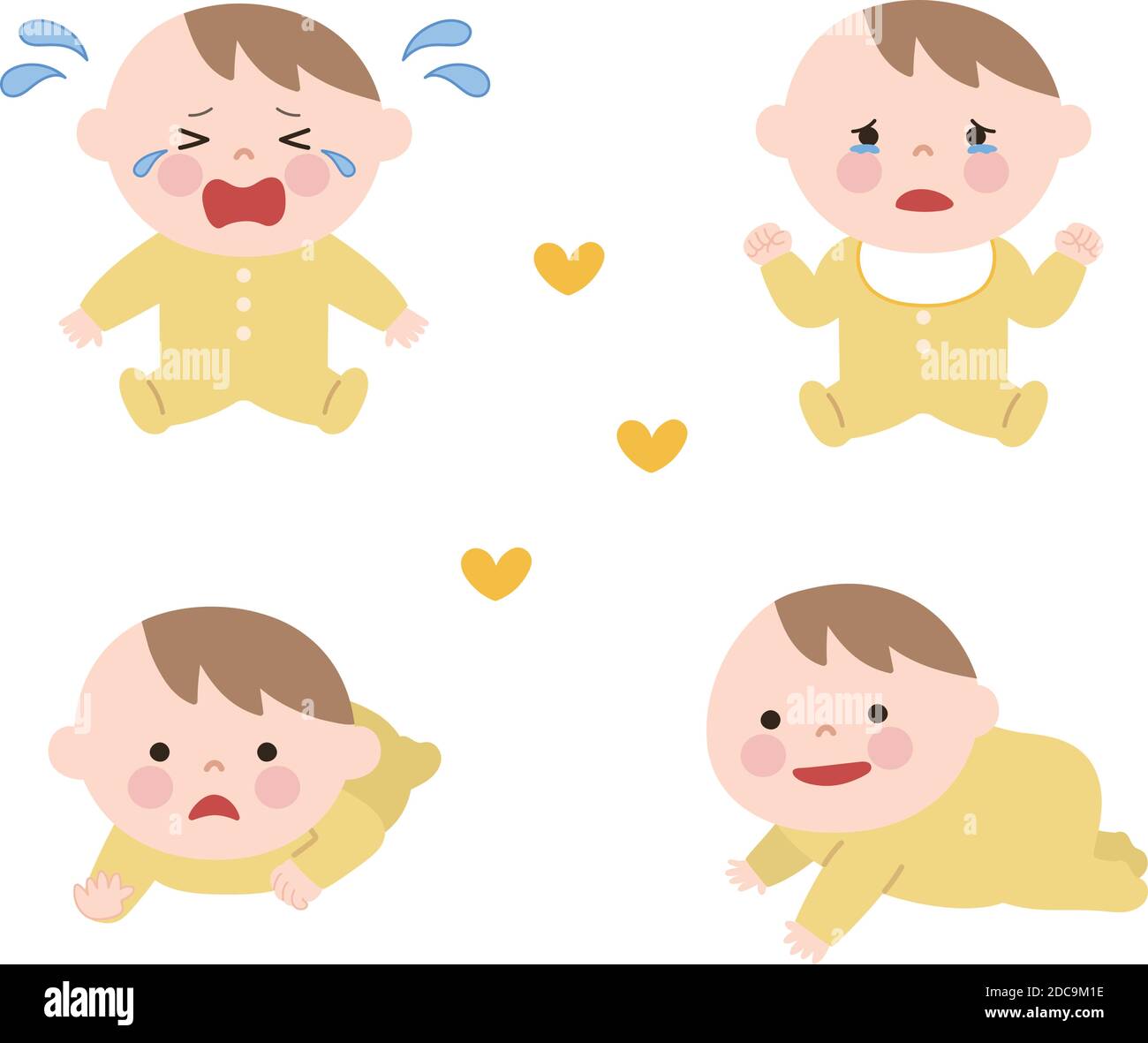 Expressive babies wearing yellow baby clothes. Vector illustration ...