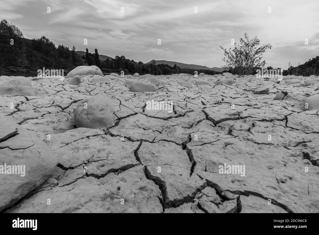 Dried out river ground in black and white Stock Photo - Alamy