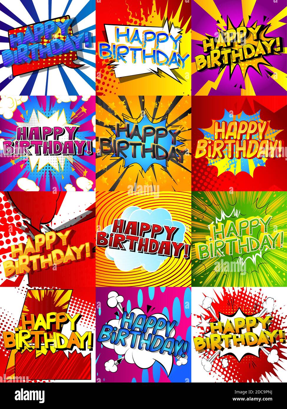 Happy Birthday. Gift card set. Vector comic book style illustration ...