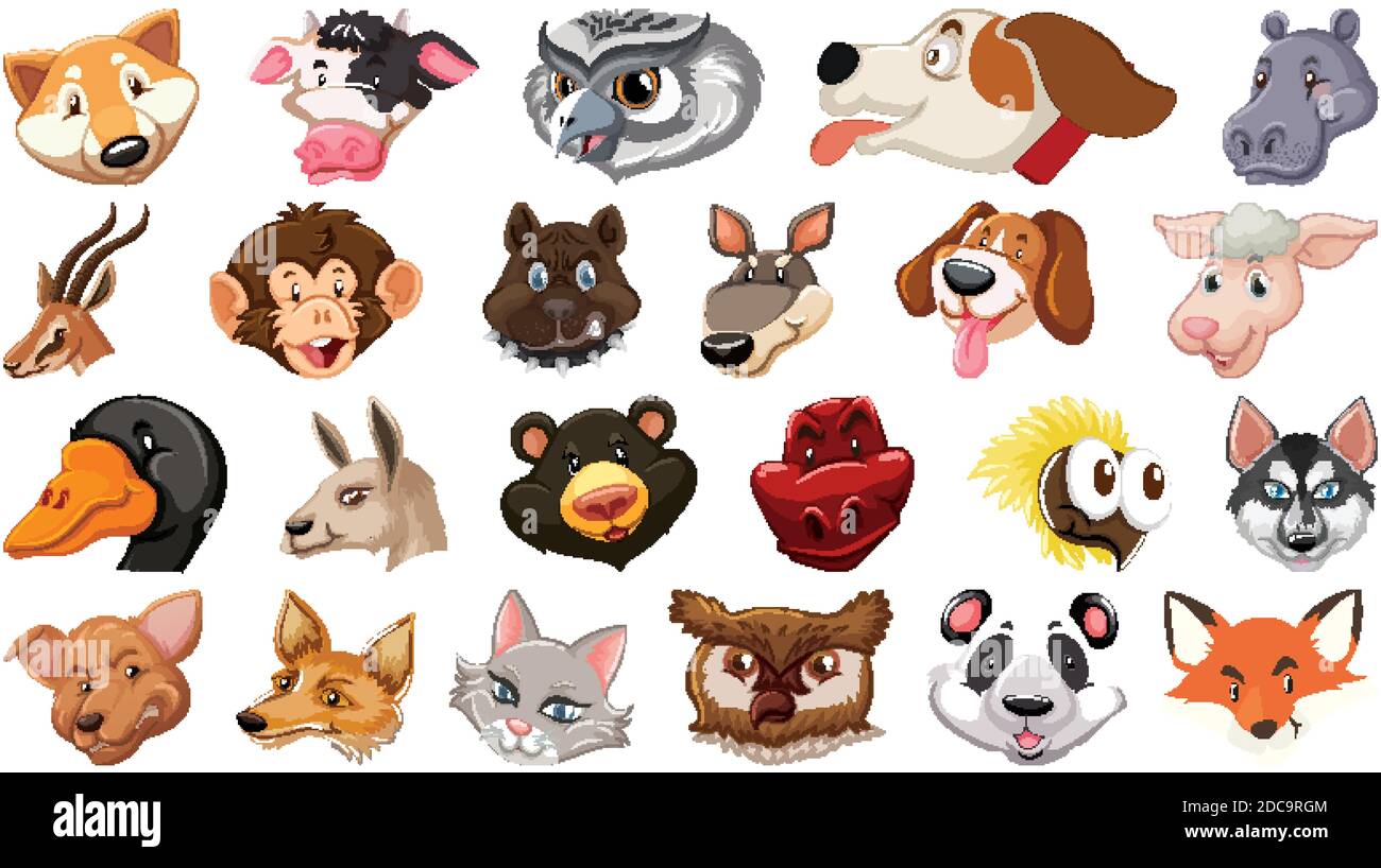 Set of different cute cartoon animals head huge isolated on white ...