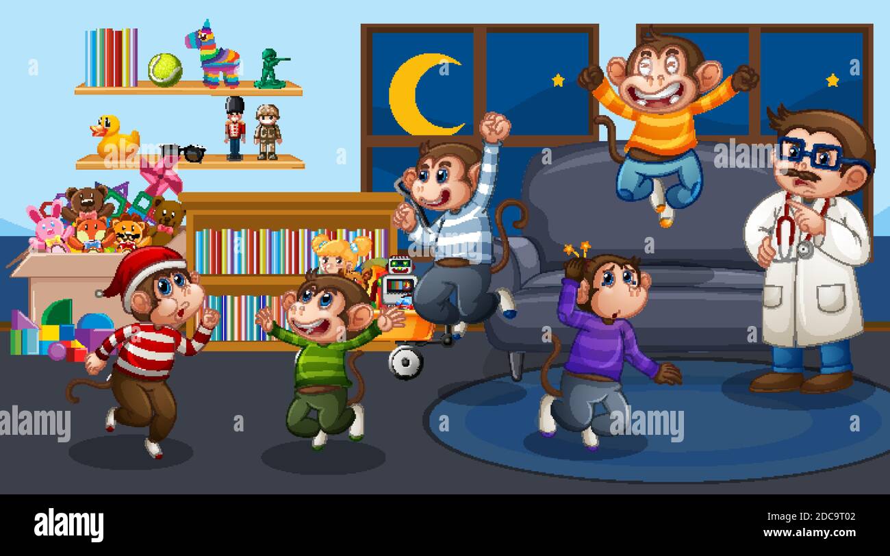 Five little monkeys jumping in the living room with a doctor ...