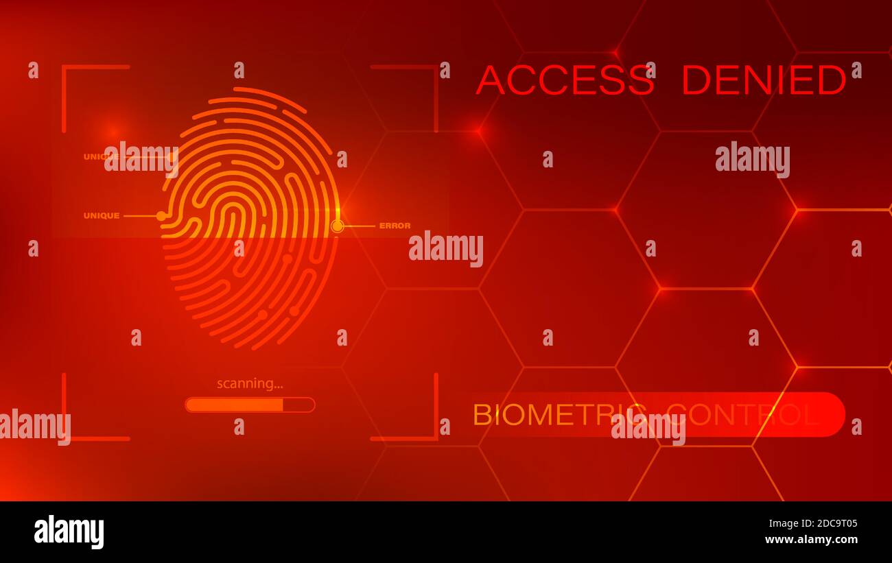 Banner with fingerprint scanner and denied access. Cybersecurity technology concept. Scanning ...