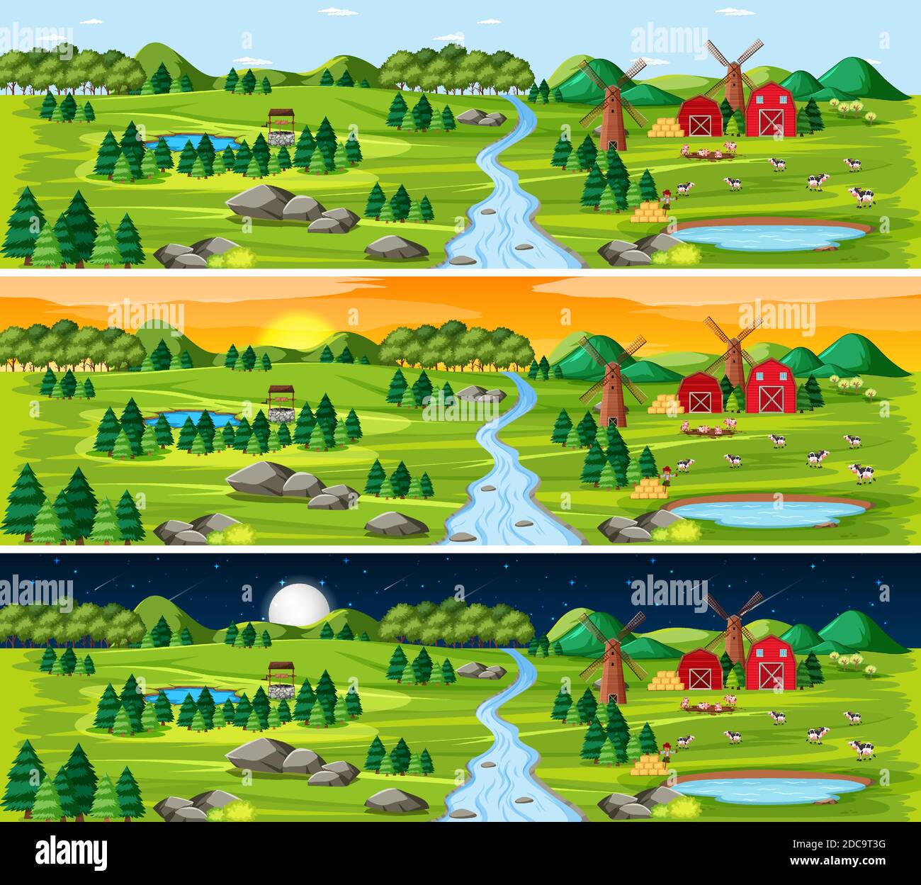 Nature landscape scene at different times of day illustration Stock ...