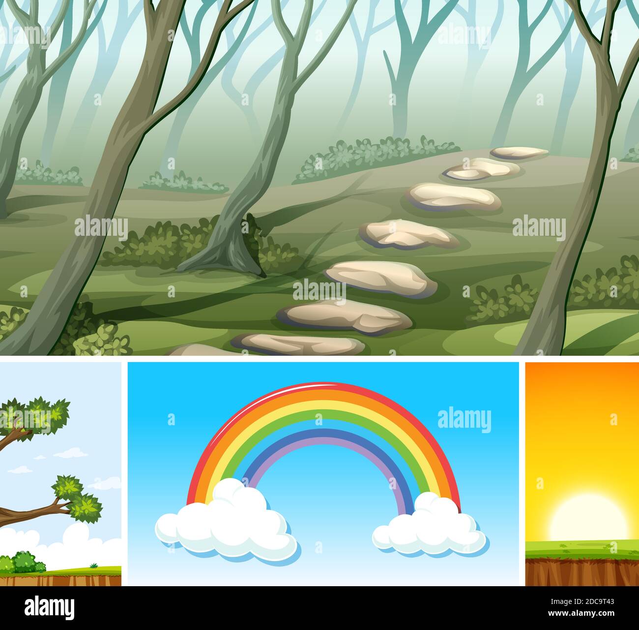 Four different scenes in nature setting cartoon style illustration ...