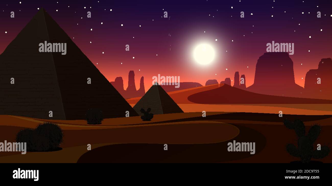 Wild desert landscape at night scene illustration Stock Vector Image ...