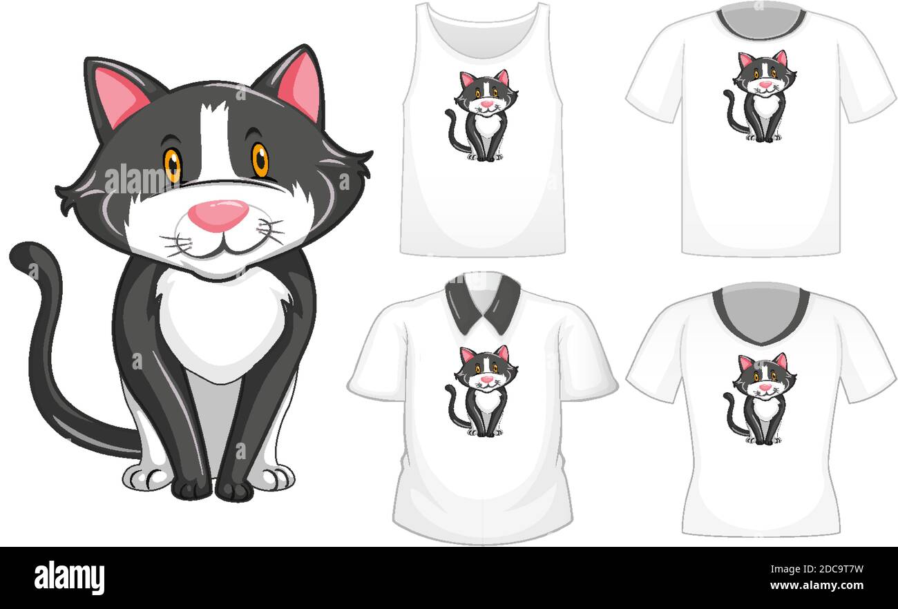 Cat cartoon character with set of different shirts isolated on white ...