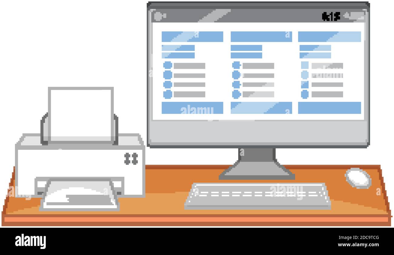 Computer and printer on office desk on white background illustration ...