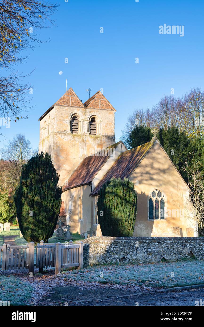 St Bartholomew church on a frosty autumn morning just after sunrise ...
