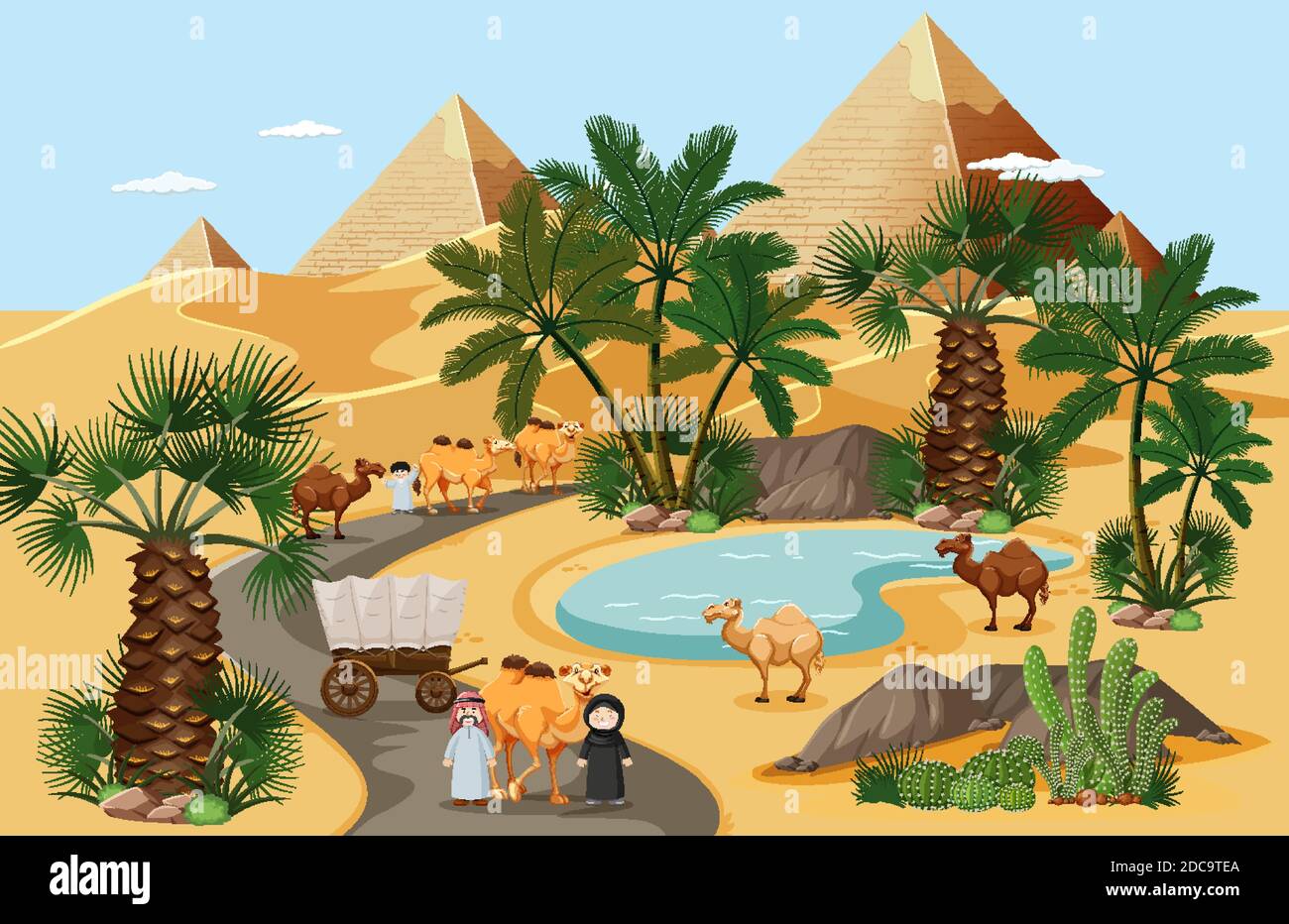 Desert oasis with palms nature landscape scene illustration Stock ...