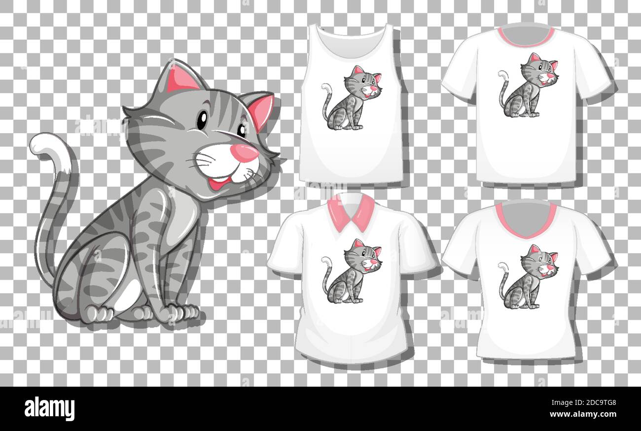 Cat cartoon character with set of different shirts isolated on ...