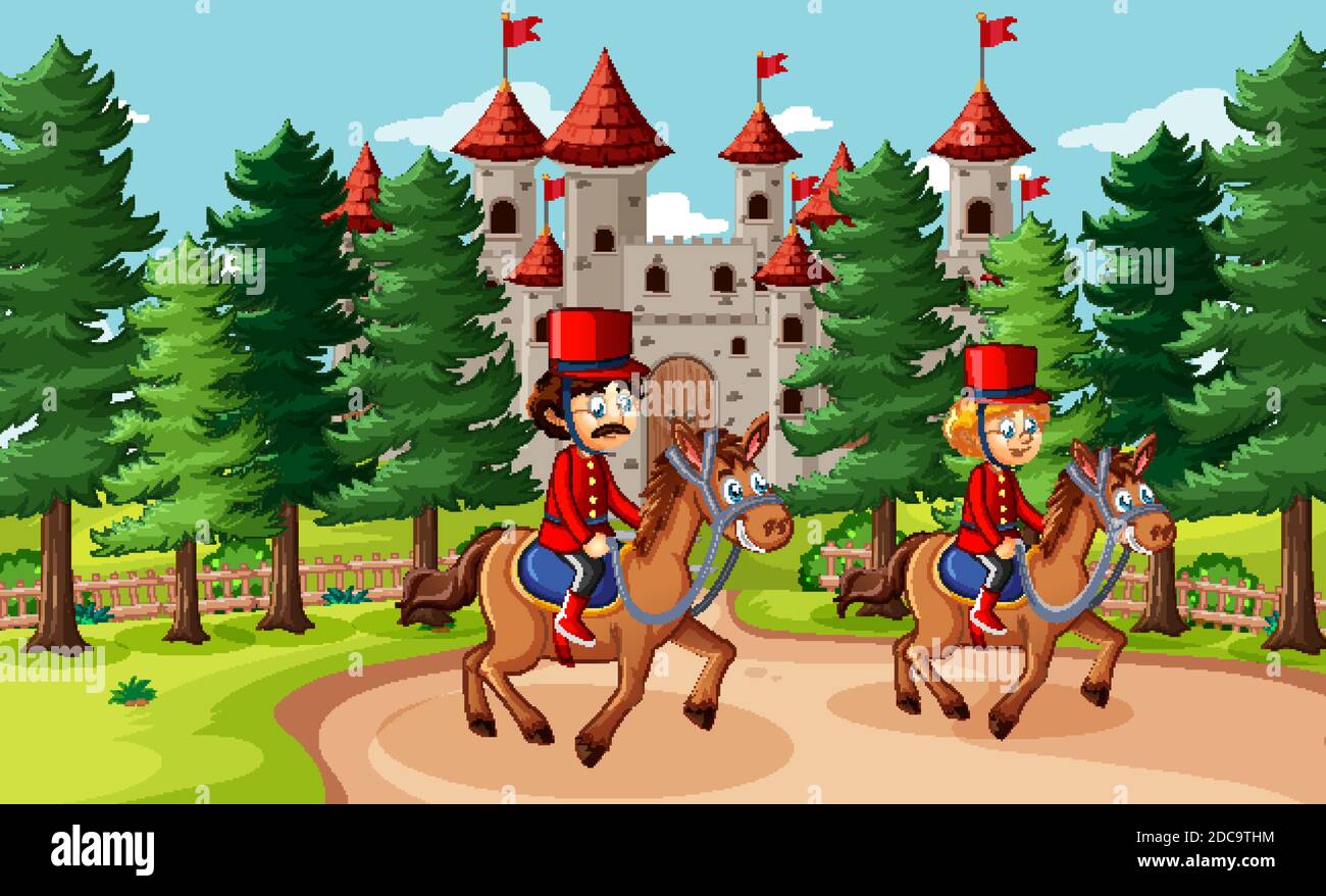 Fairytale scene with castle and soldier royal guard scene illustration ...