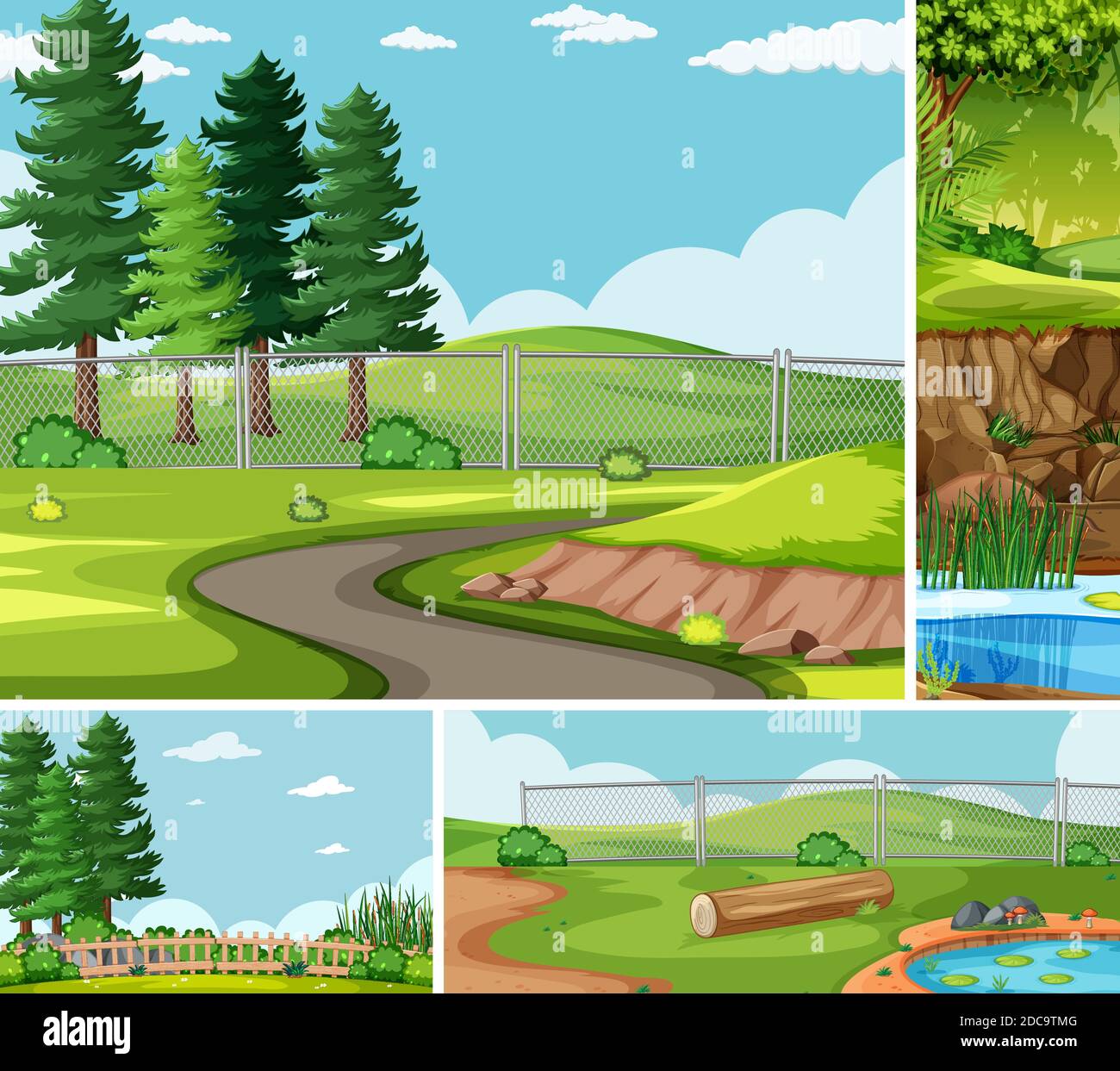 Four different scenes in nature setting cartoon style illustration ...