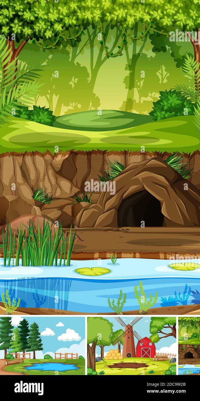 Four different scenes in nature setting cartoon style illustration ...