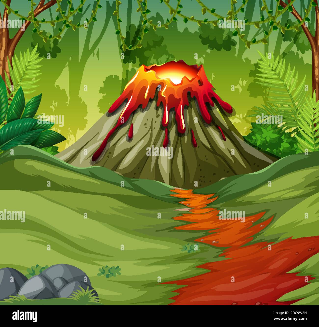 Volcano eruption in nature forest scene at daytime illustration Stock ...