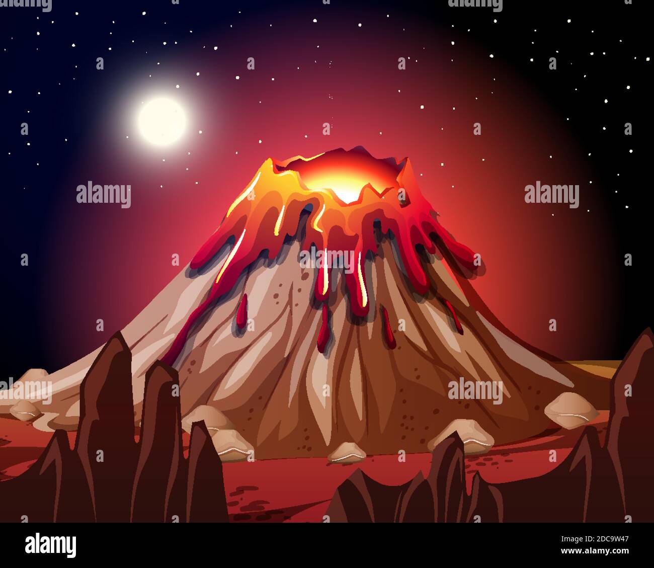 Volcano eruption in nature scene at night illustration Stock Vector ...