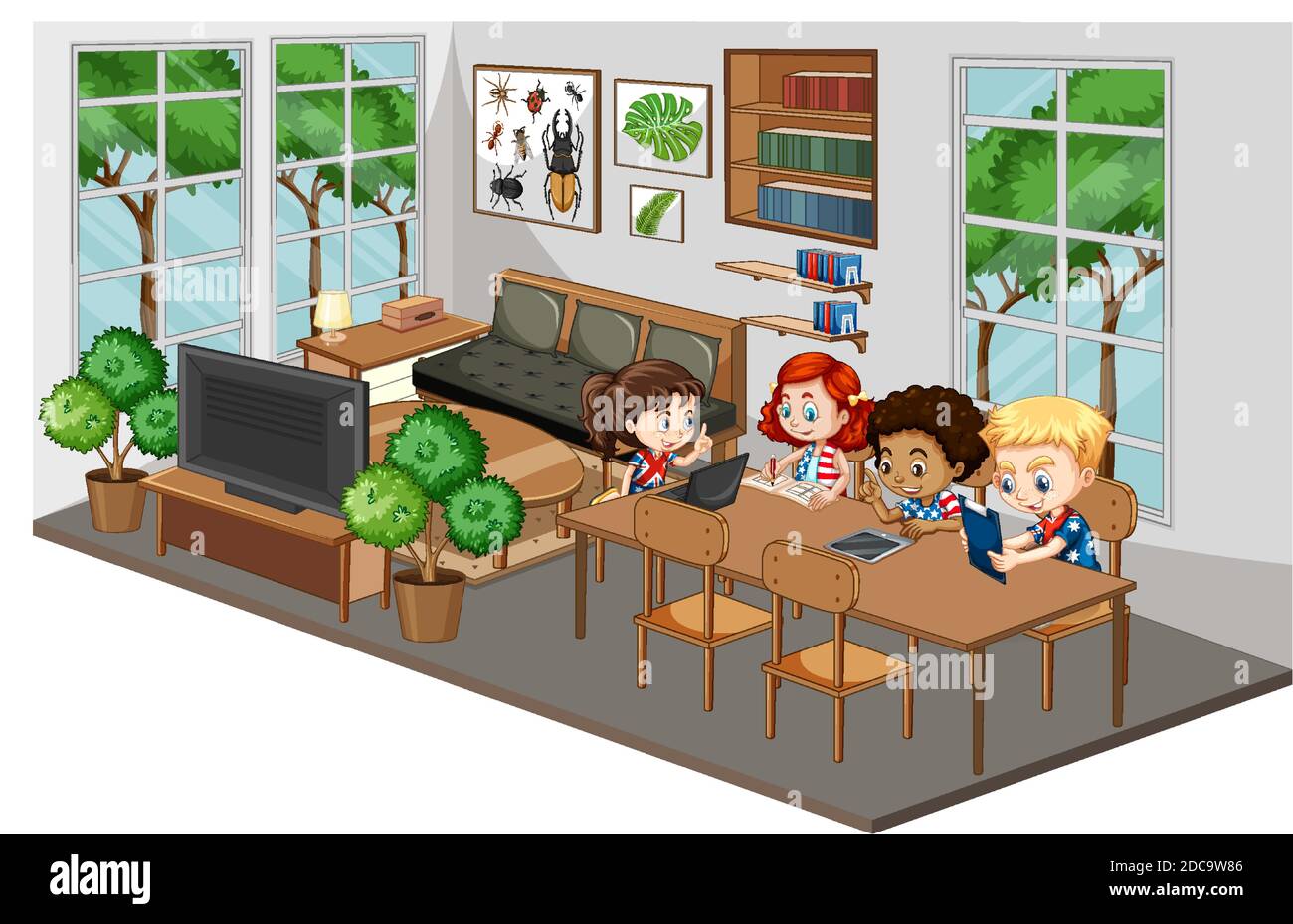 Happy children doing homework in the living room illustration Stock ...
