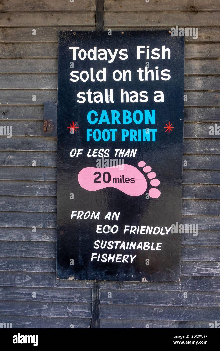 Eco friendly sustainable fishery sign on a fresh fish stall on Hastings ...