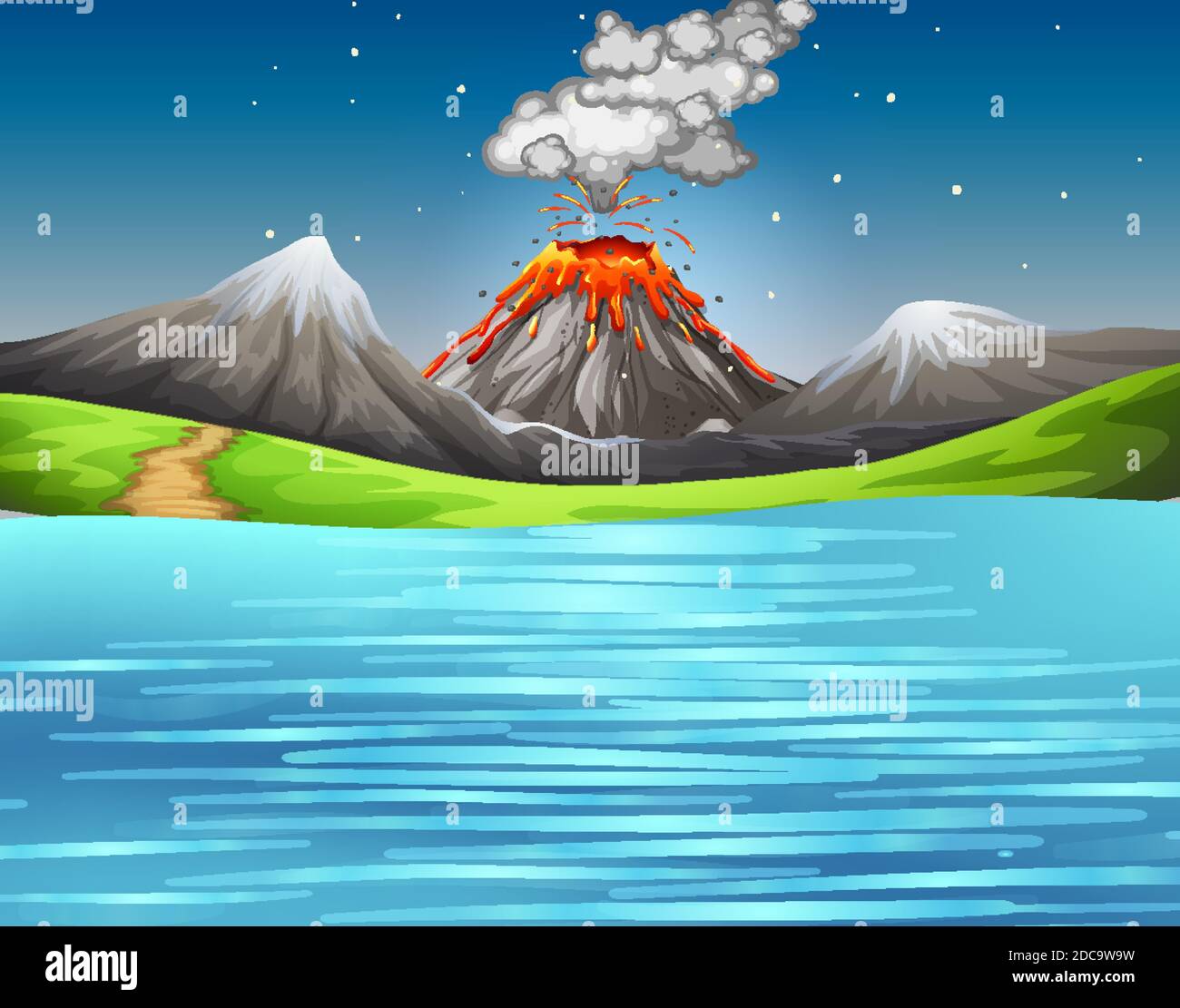 Volcano eruption in nature forest scene at daytime illustration Stock ...