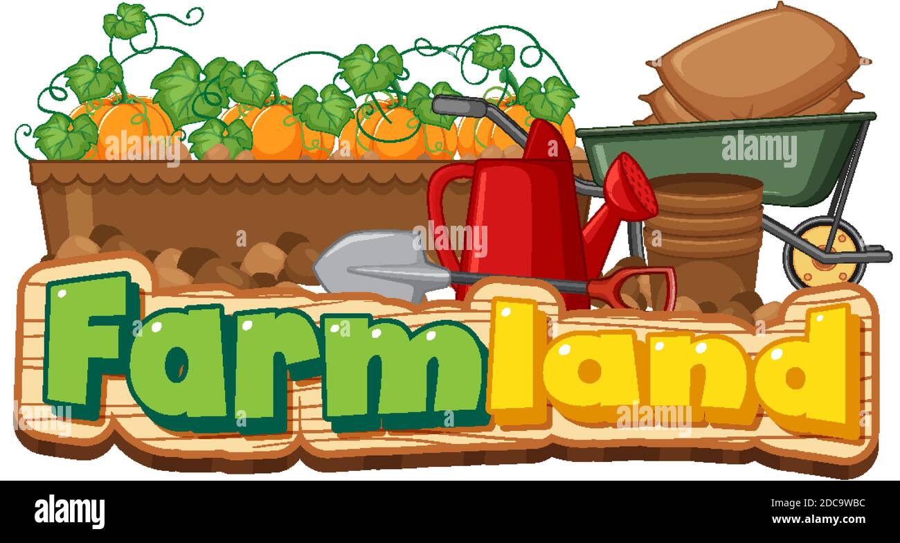 Farmland logo or banner with gardening tools isolated on white ...