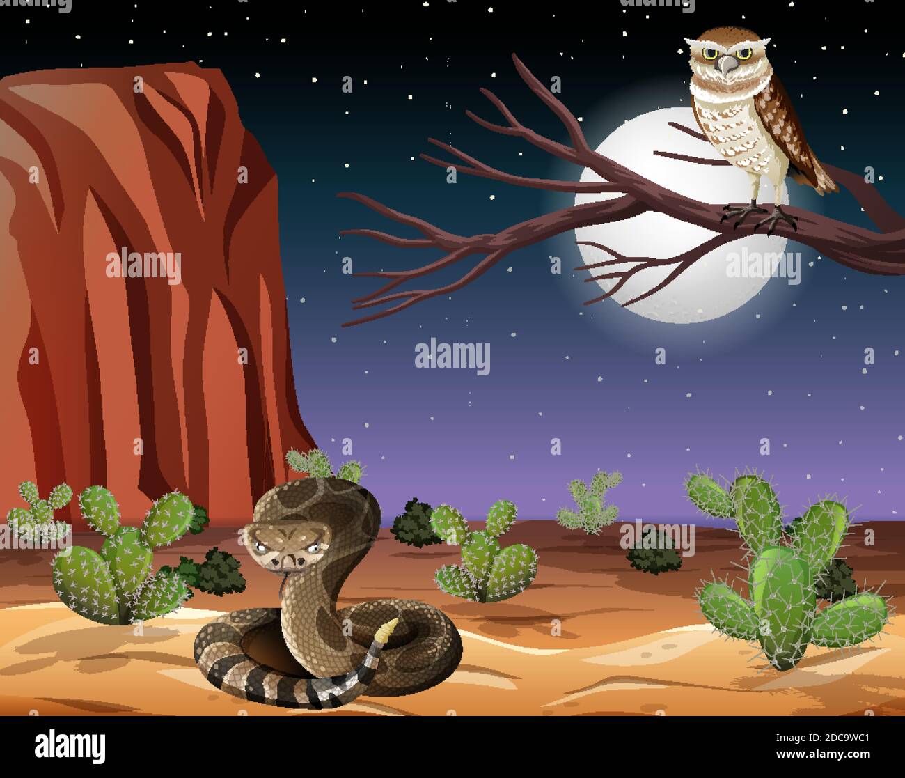 Desert with rock mountains and desert animals landscape at night scene ...