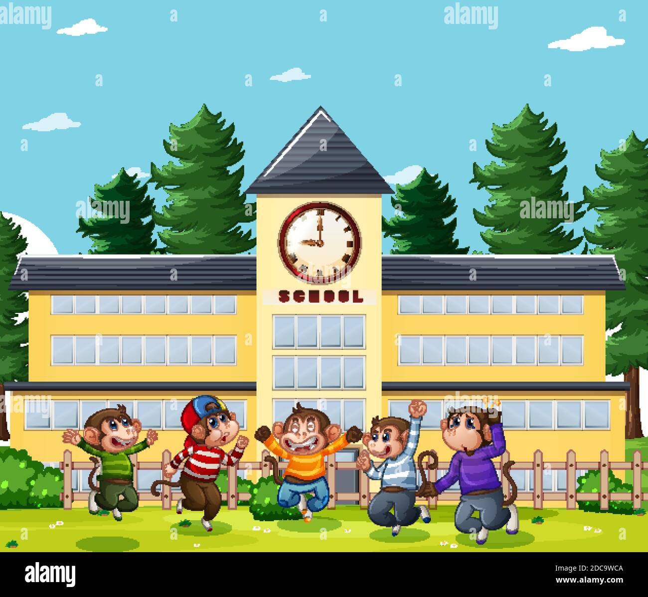 Five little monkeys jumping in the park playground scene illustration ...