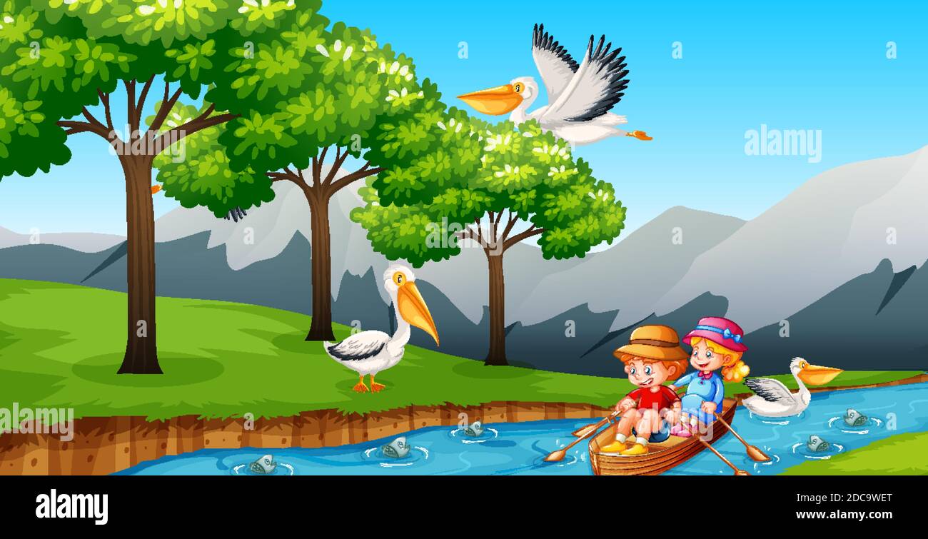 Children row the boat in the stream forest scene illustration Stock ...