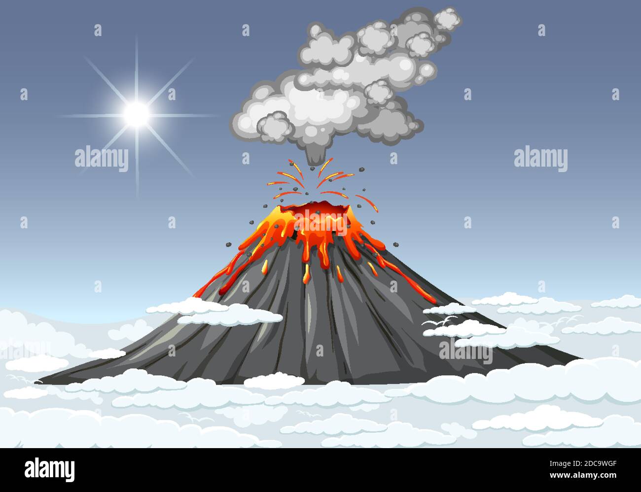 Volcano eruption in the sky with clouds scene at daytime illustration ...
