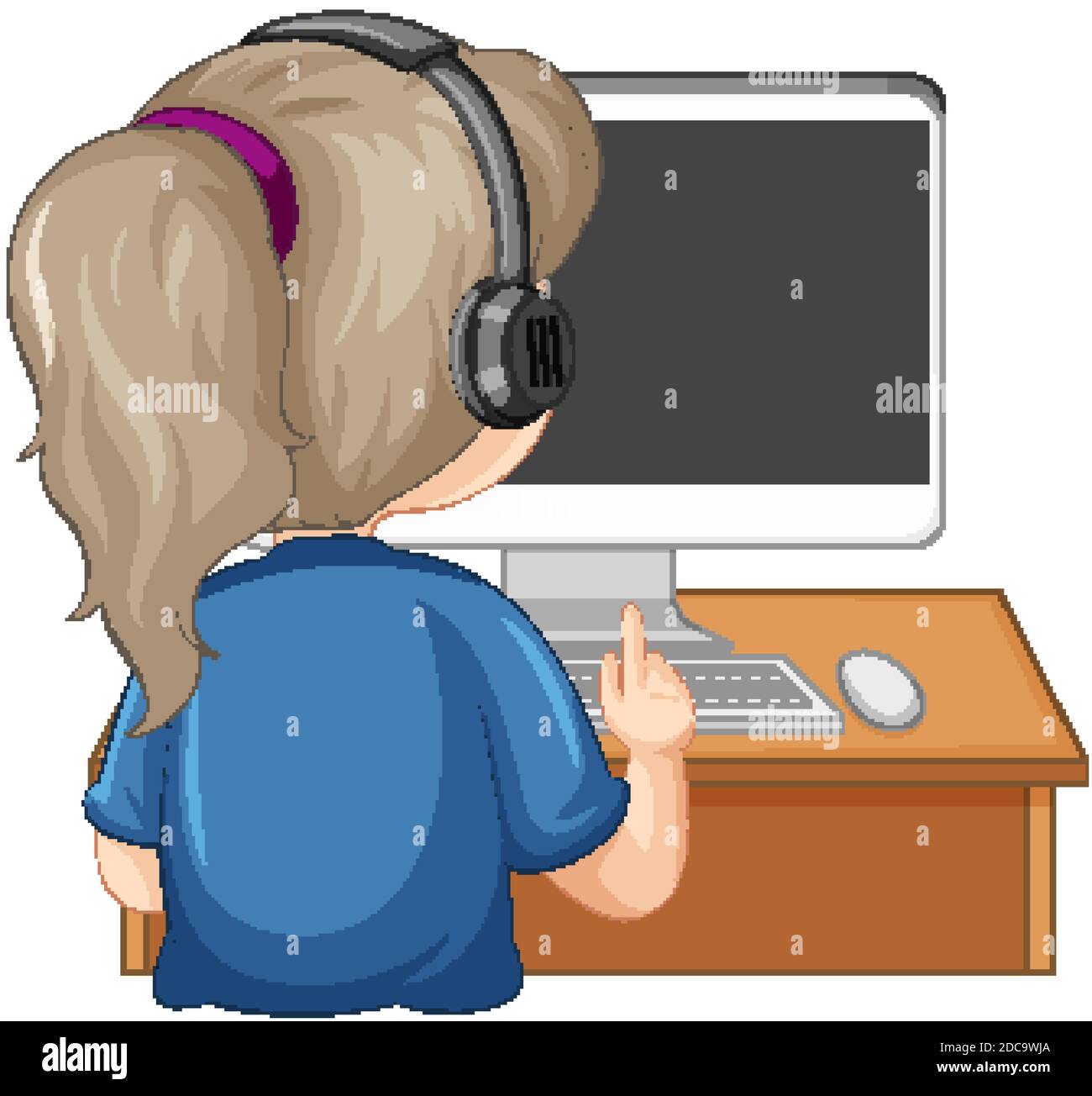 Back view of a girl with computer on the table on white background ...