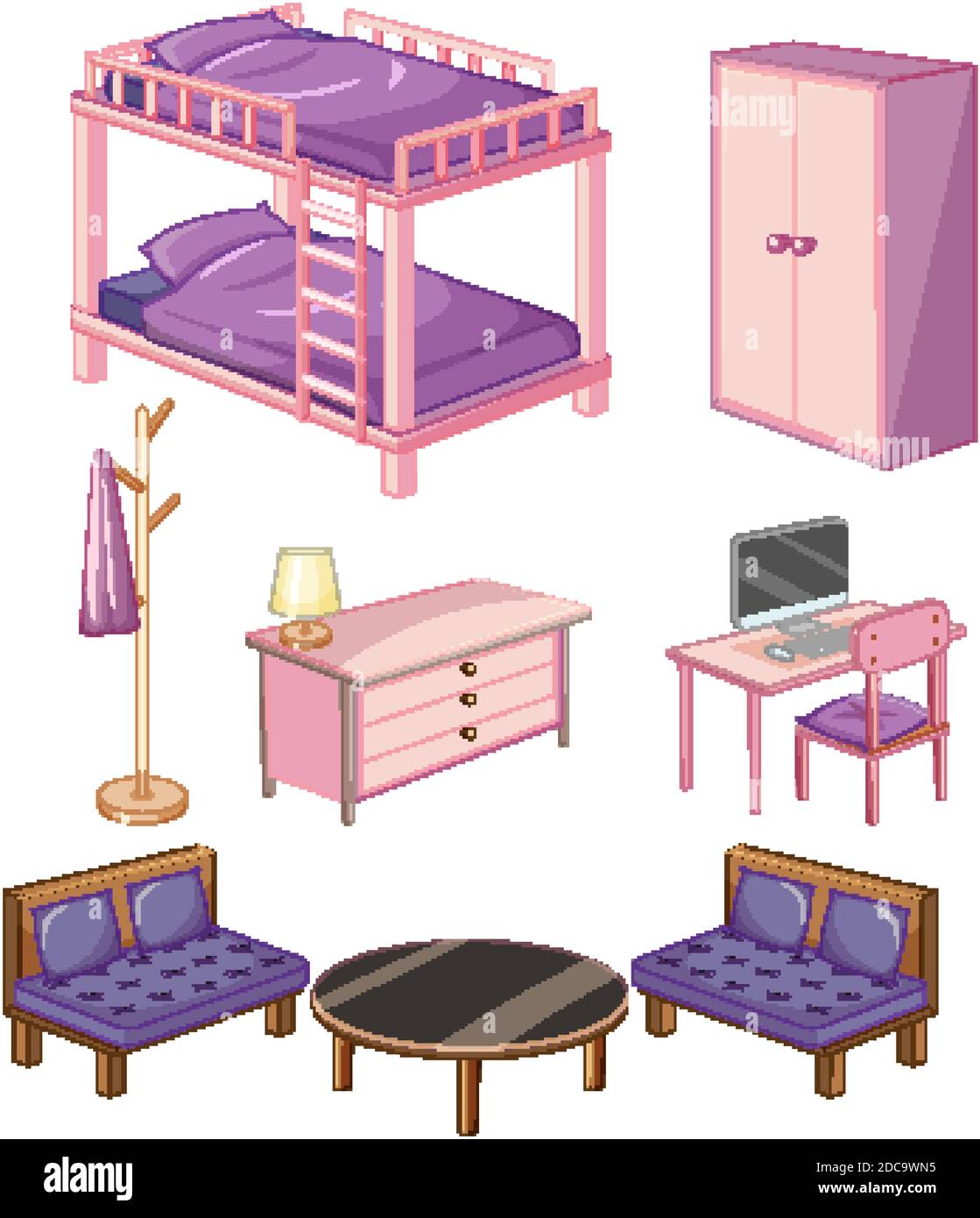 Bedroom furniture objects isolated on white background illustration ...