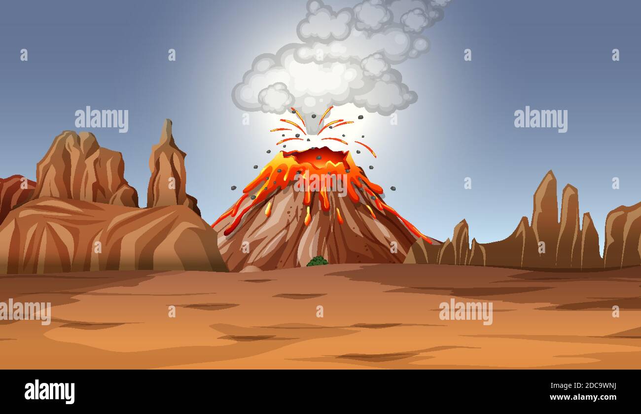 Volcano eruption in desert scene at daytime illustration Stock Vector ...