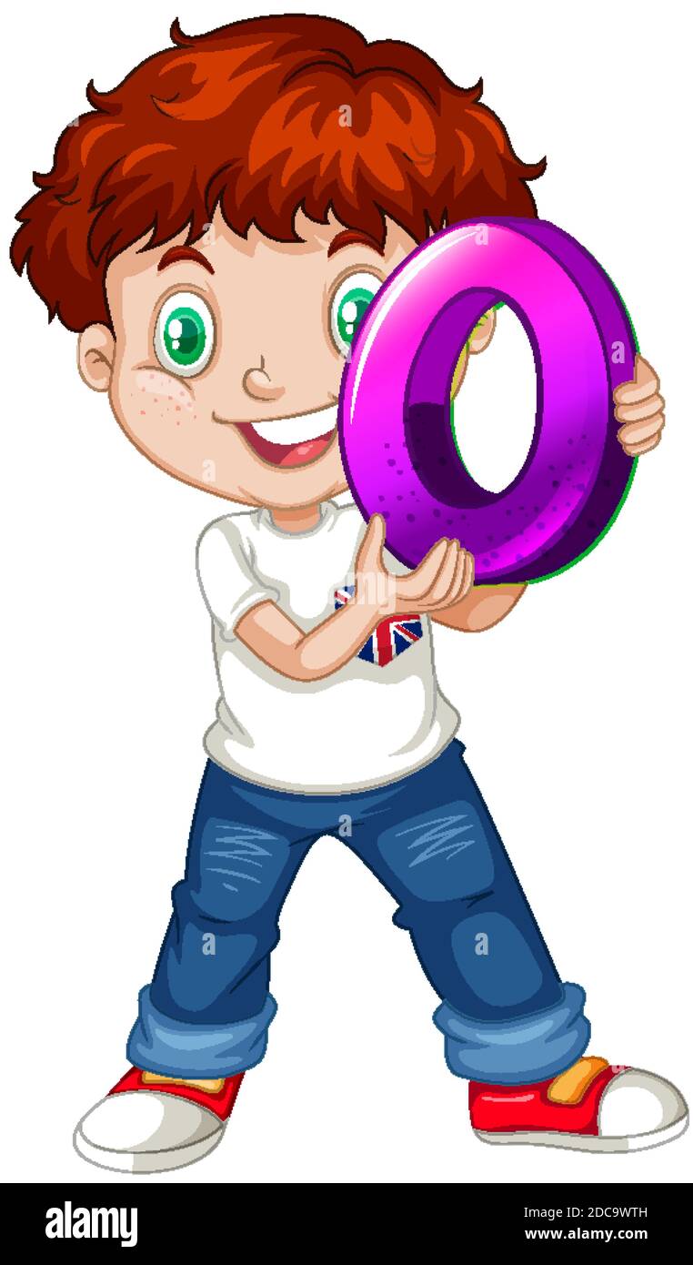 Cute boy with red hair holding math number zero illustration Stock ...