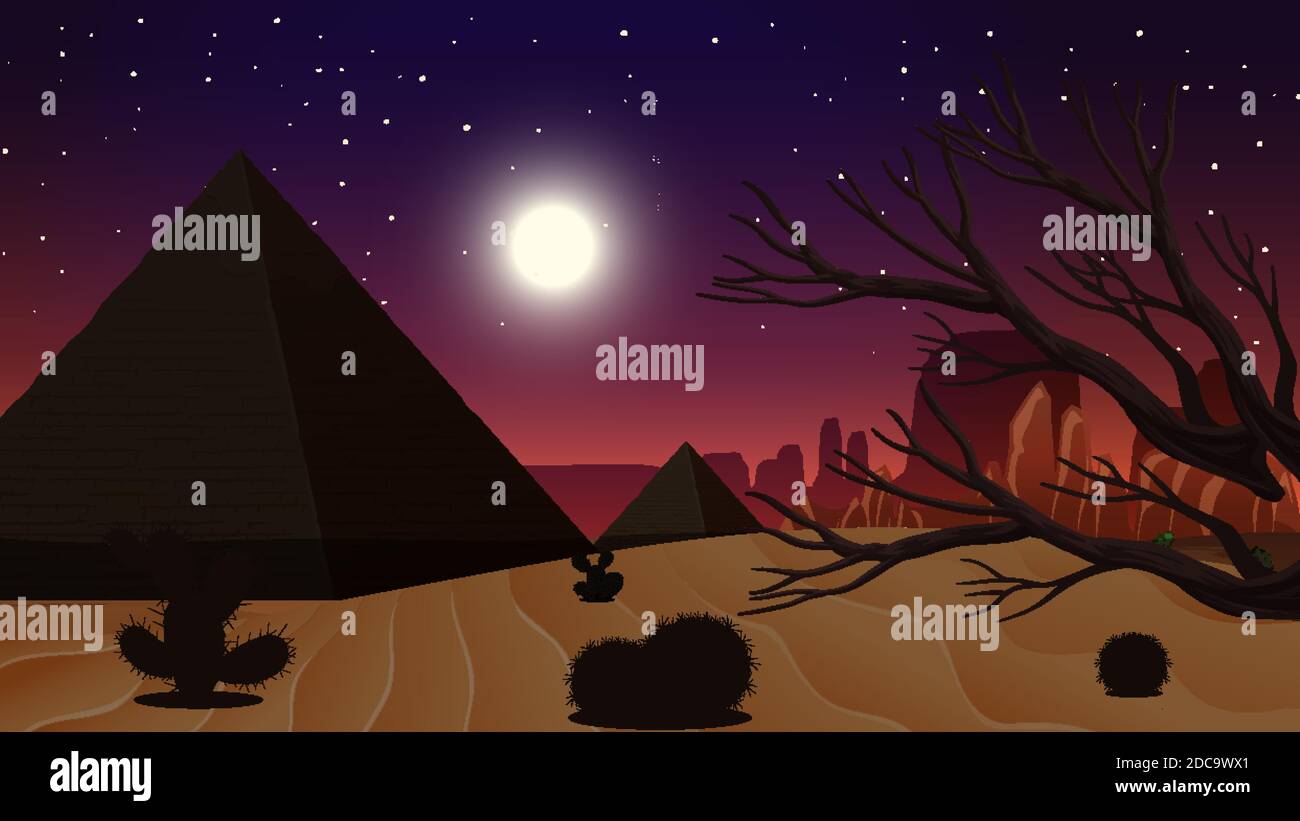 Wild desert landscape at night scene illustration Stock Vector Image ...