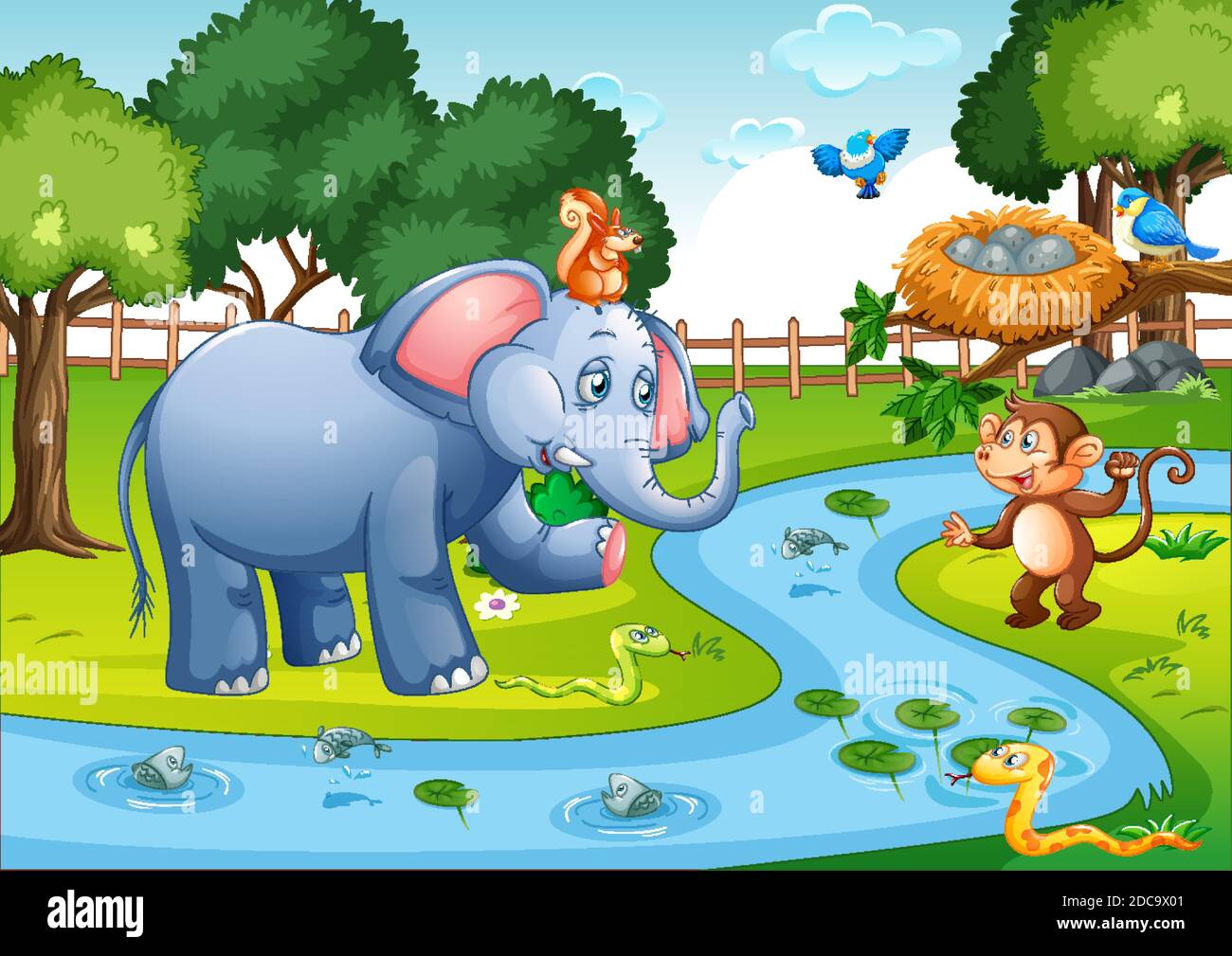 Wild animals in the forest at day time scene illustration Stock Vector ...