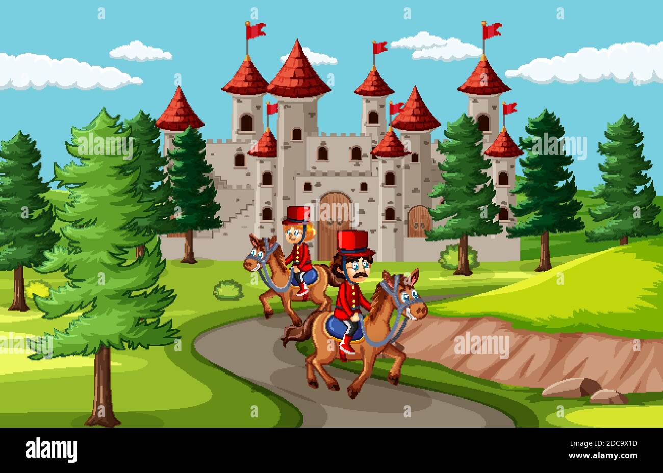 Fairytale scene with castle and soldier royal guard scene illustration ...