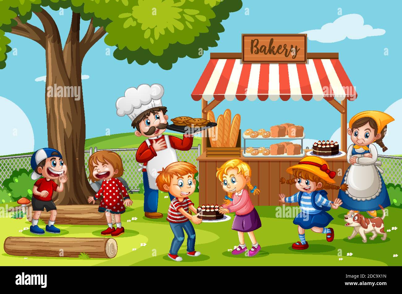 Front of bakery shop with baker in the park scene illustration Stock ...