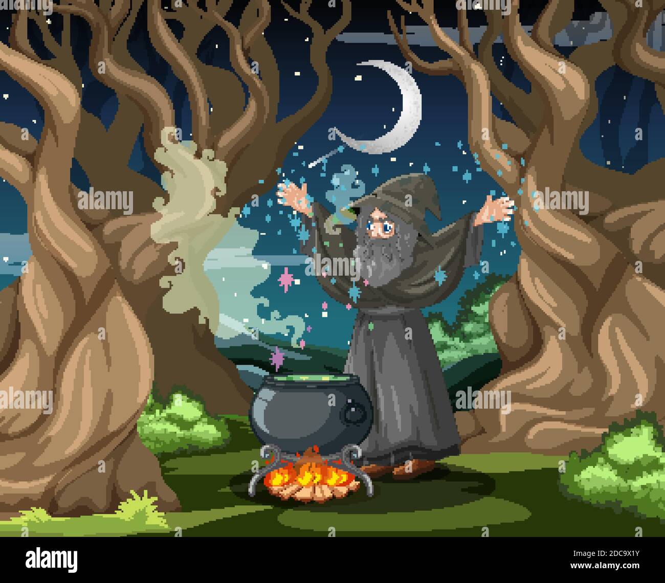 Wizard with black magic pot cartoon style on dark forest background ...