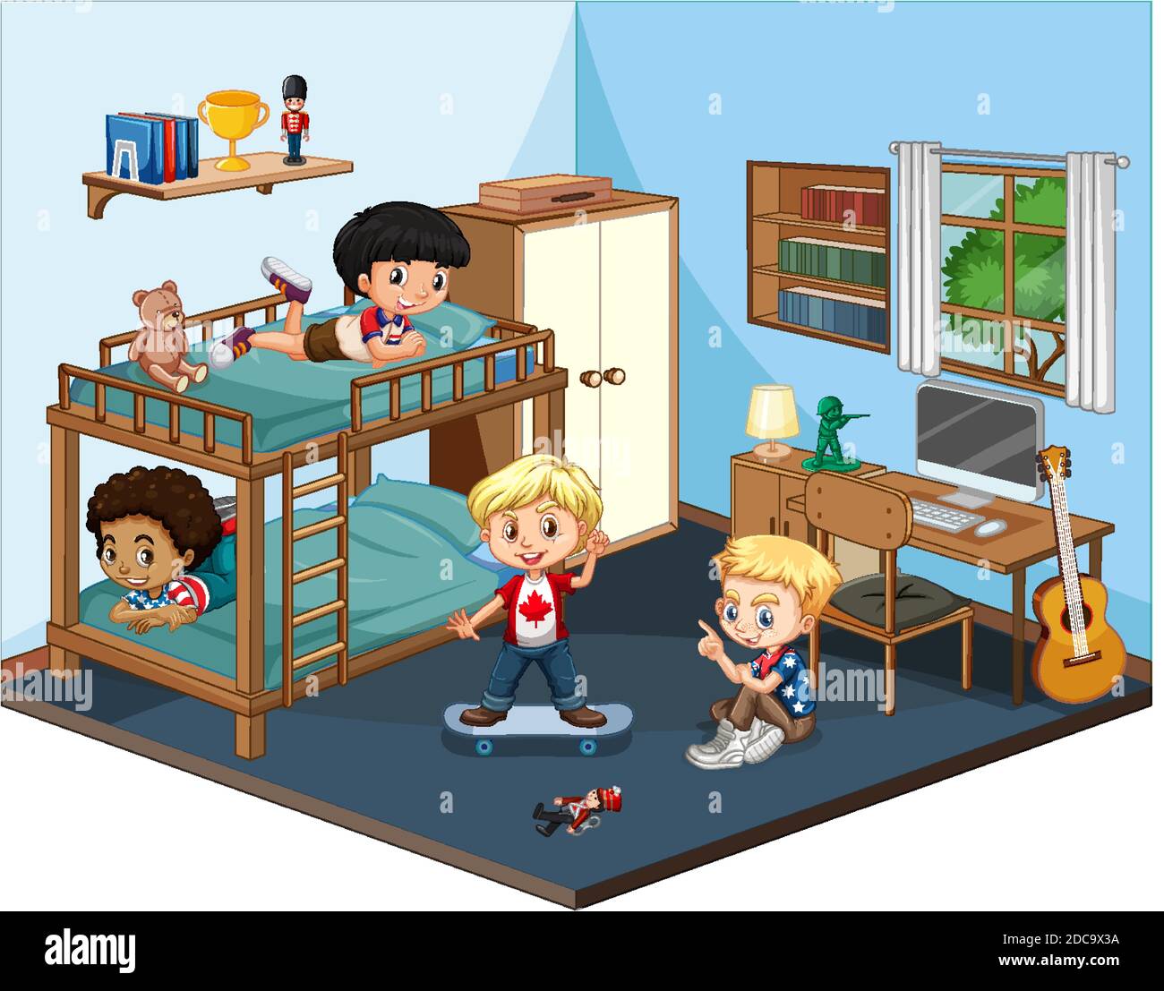 Kids in the bedroom scene on white background illustration Stock Vector ...