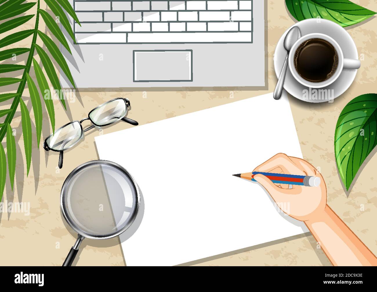 Top view office work desk with office elements with green leaves ...