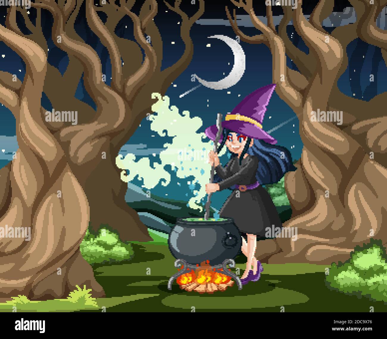 Wizard or witch with magic pot on dark forest background illustration ...