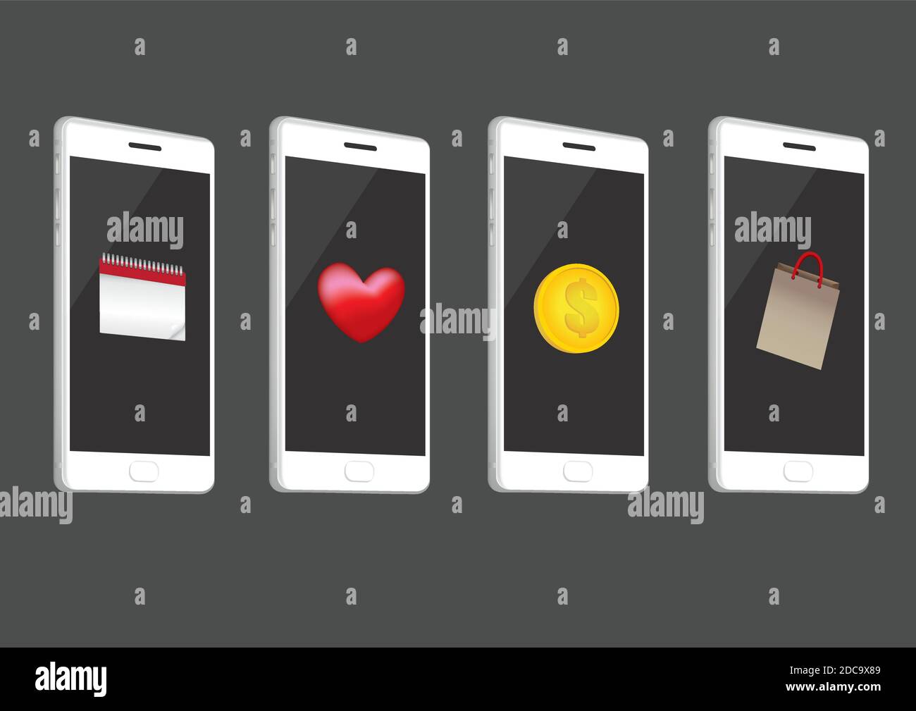 White cell phones, slightly tilted to show buttons at the side, with ...