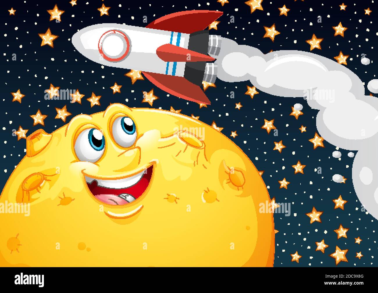 Moon with happy face and rocket on space galaxy theme background ...