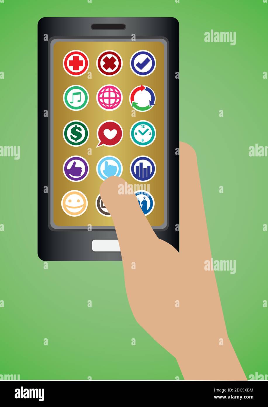 Vector illustration of hand holding a black smart phone with apps icons ...