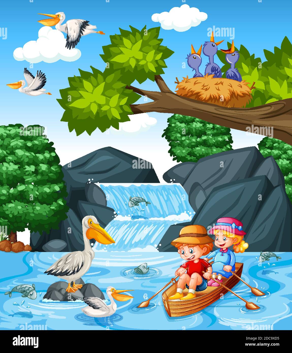 Children row the boat in the stream forest scene illustration Stock ...