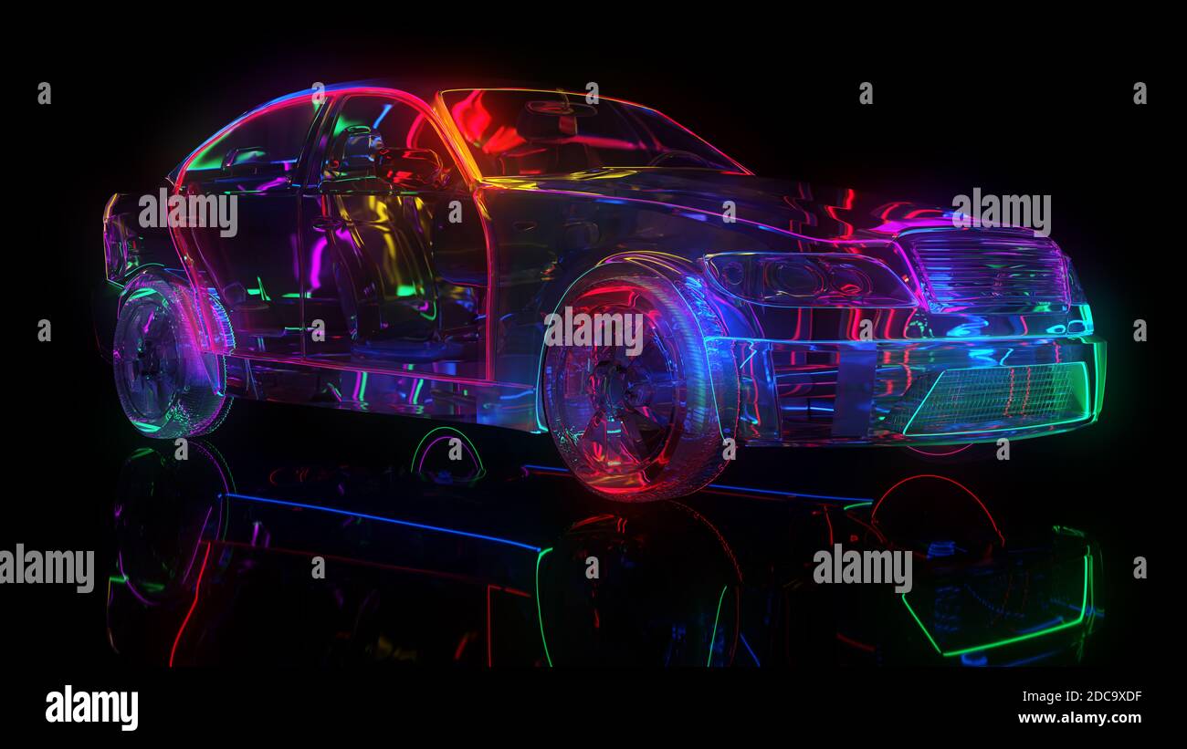 Glass car with neon lighting. The edges of the car are highlighted ...