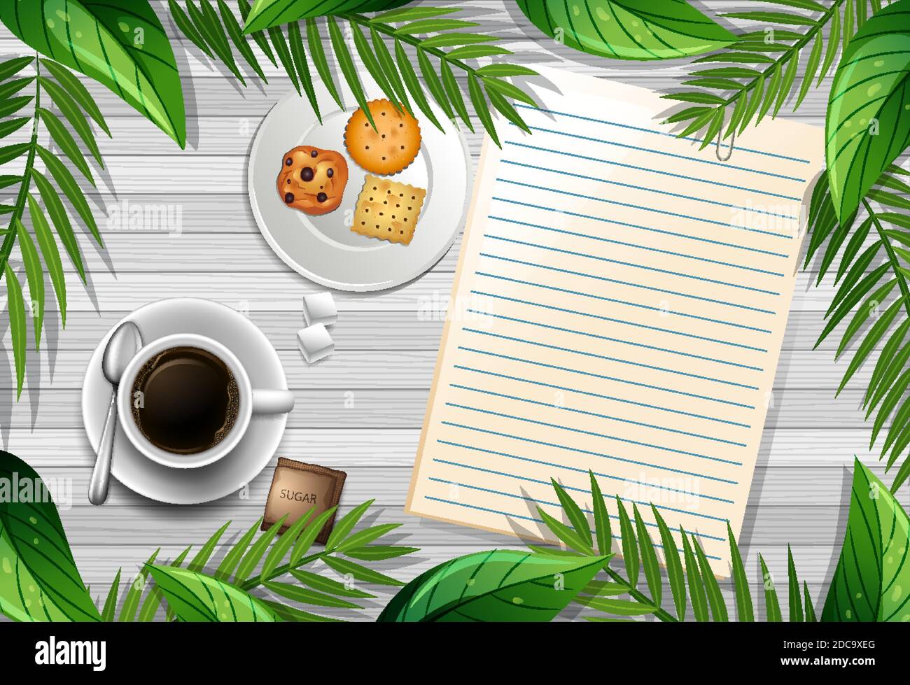 Top view of wooden table with blank paper and a cup of coffee and ...