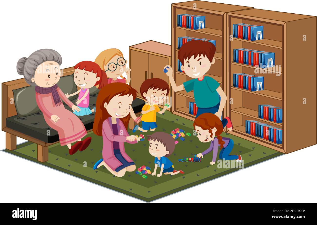 Granny with grandchildren in the library isolated on white background ...
