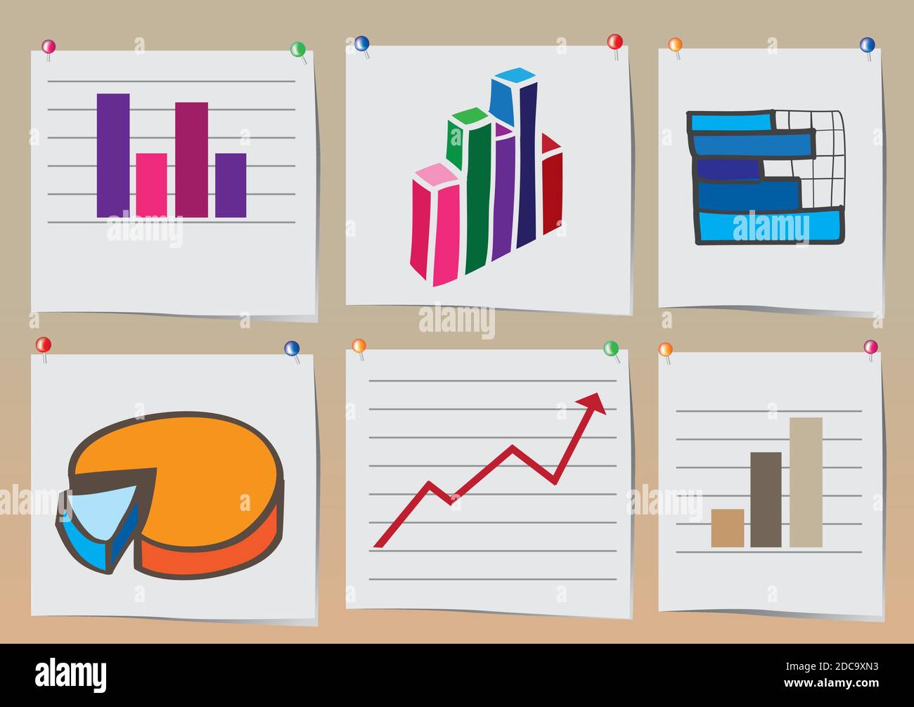 Vector illustration of papers with picture graphics of stock charts on ...