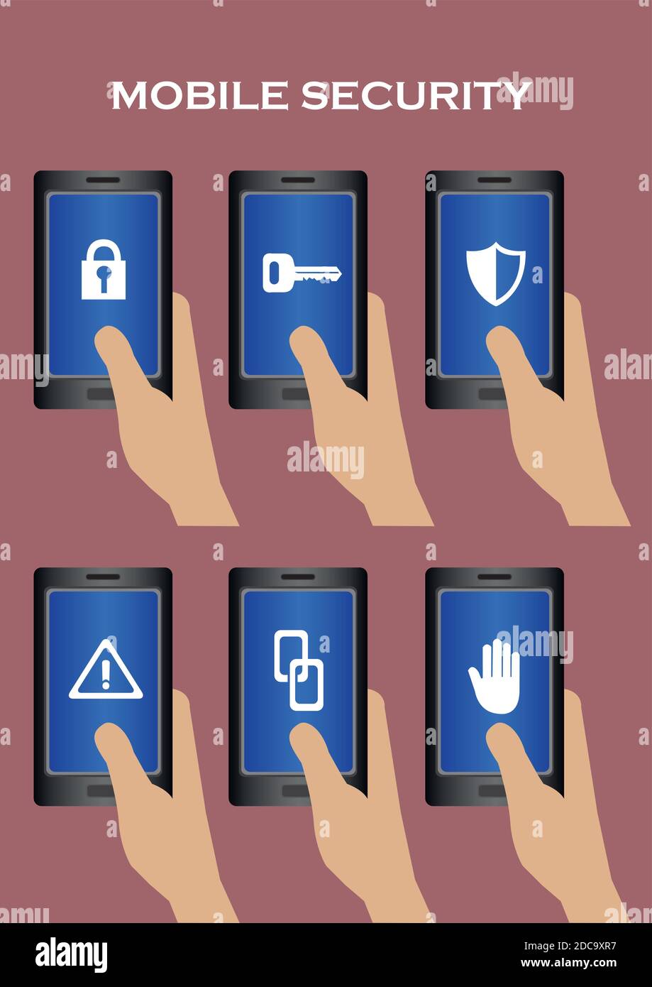 Hand holding mobile phone with security related conceptual symbol on ...