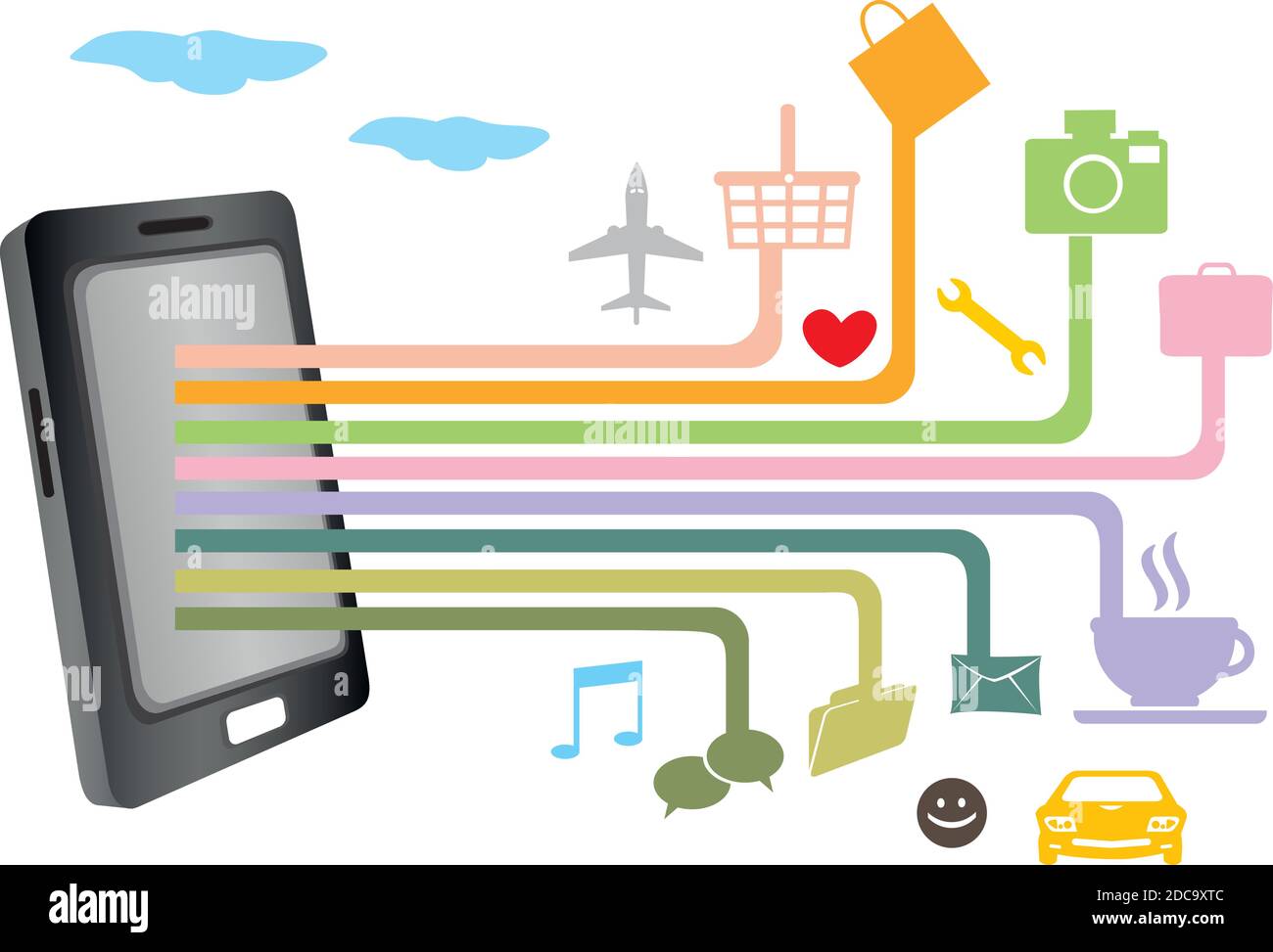 Smart phone with network connections to different web icons for ...