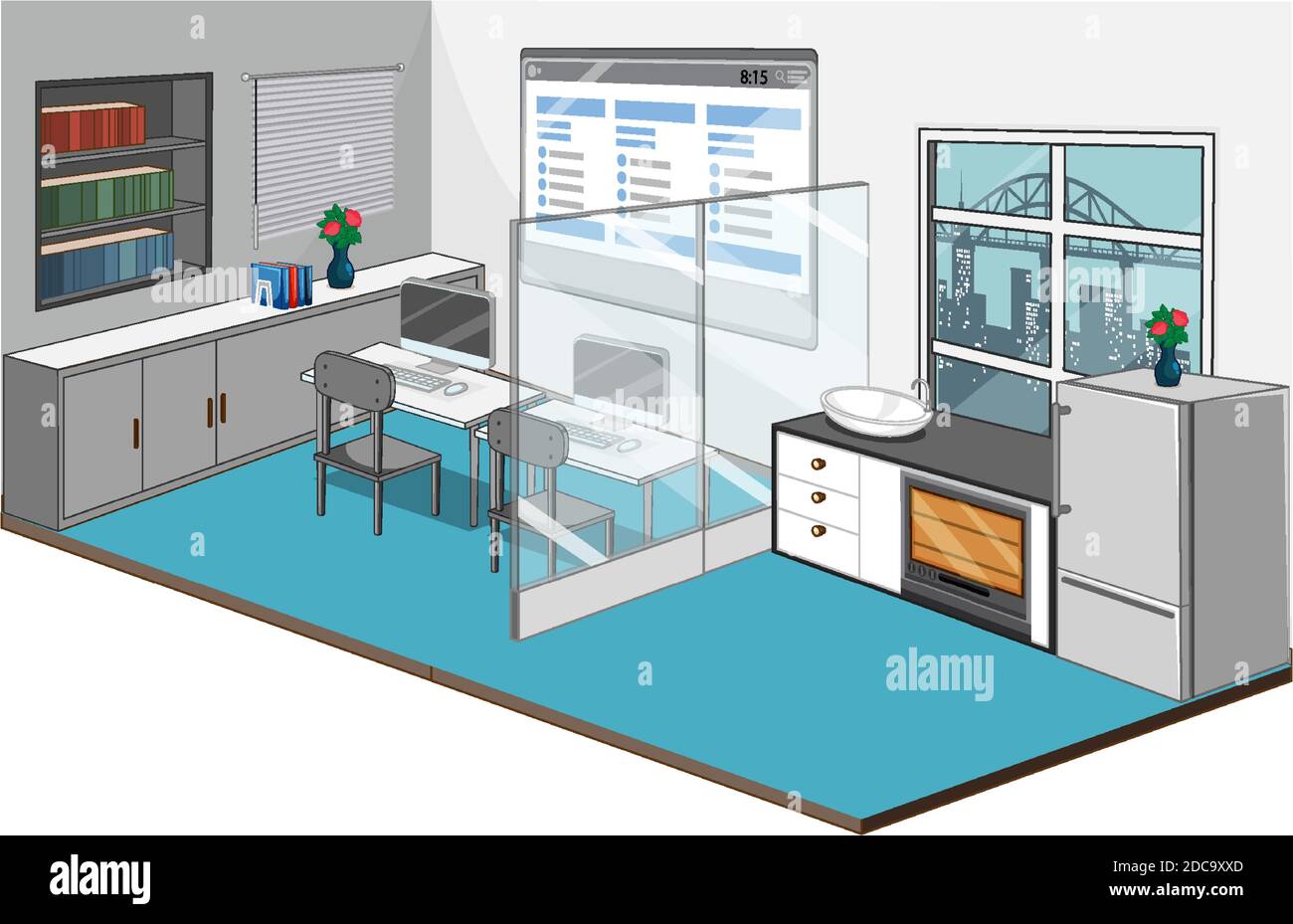 Workplace interior with furniture and blue ground illustration Stock ...